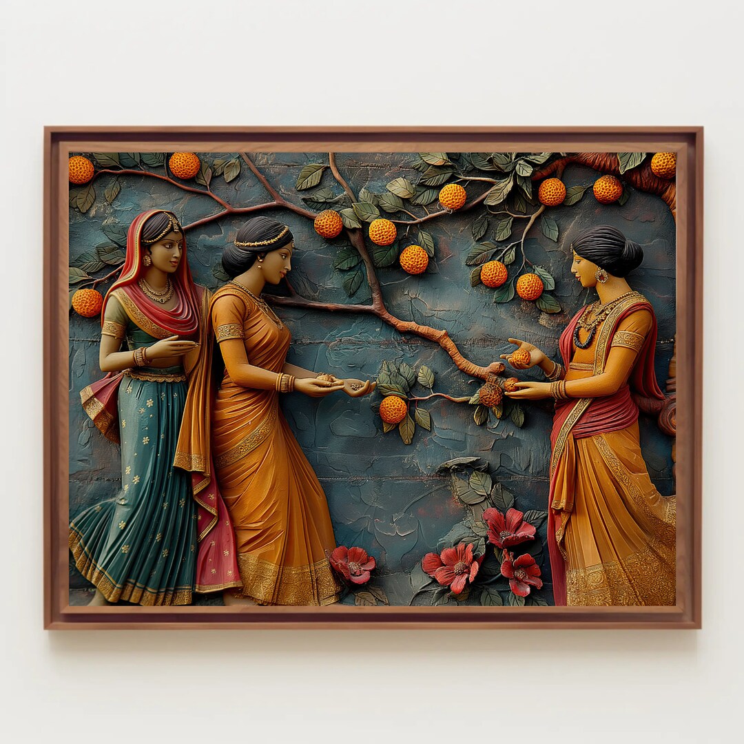 Indian Women Under Orange Tree Large Canvas Wall Art Colorful Indian ...