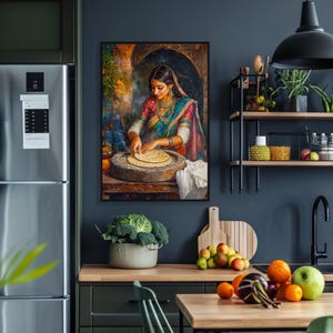 Indian Kitchen Wall Art Canvas, Traditional Indian Woman Making Roti ...