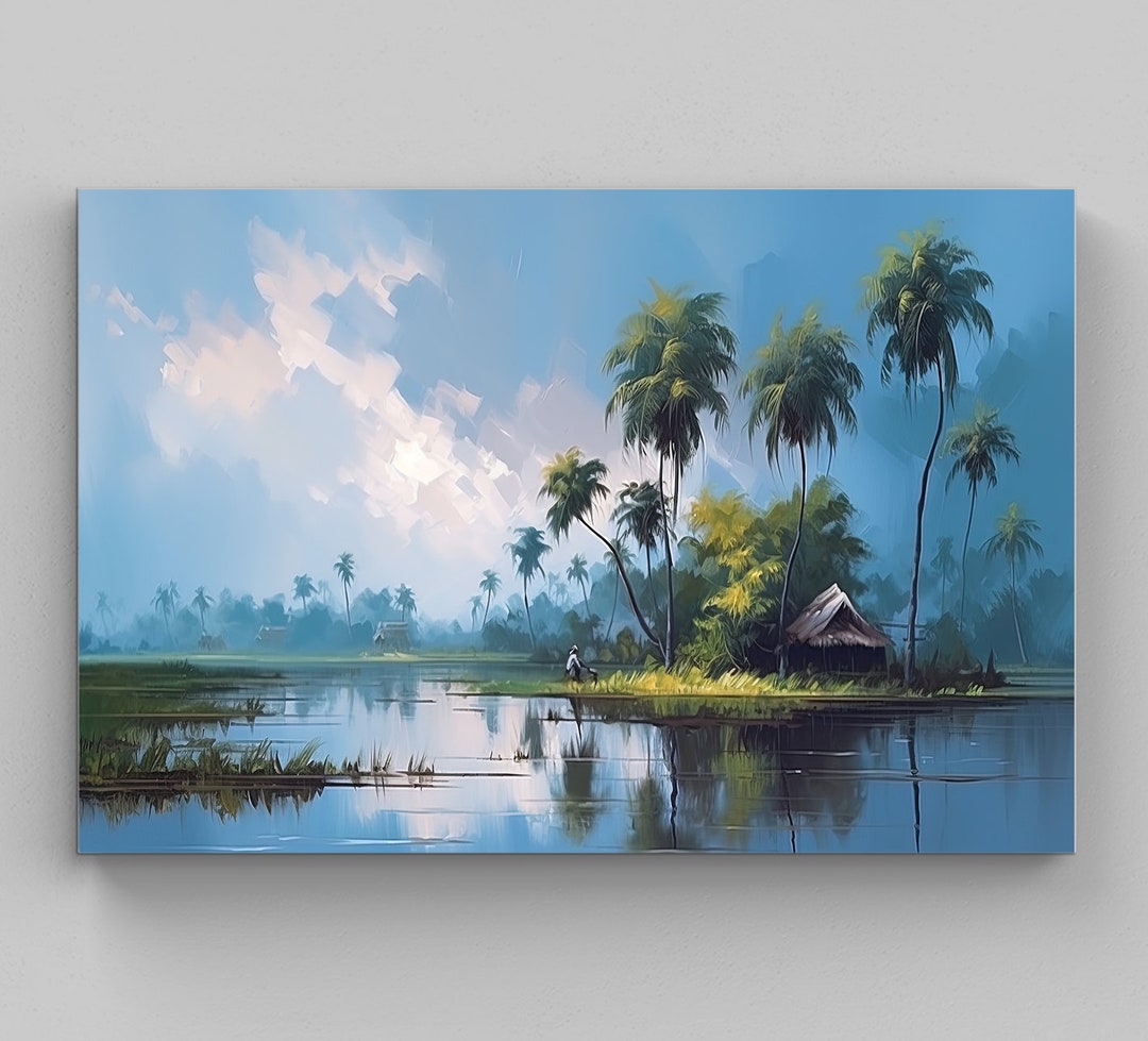 Kerala Landscape Painting, Kerala Backwaters Art, South Indian Scenery ...