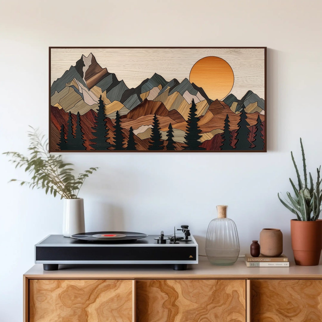 Wooden Effect Mountain Cabin Wall Decor - Large Mountain Canvas Wall ...