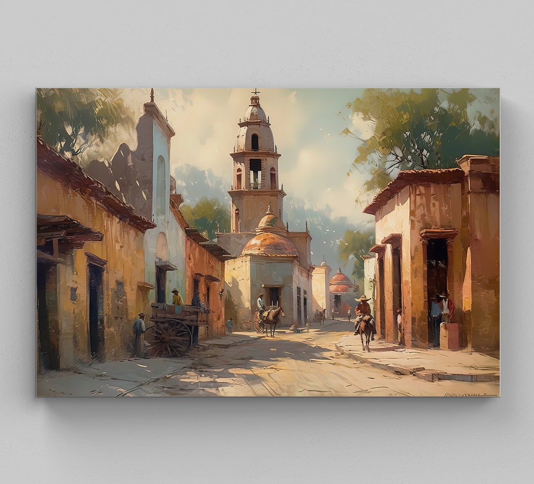 Mexican Old Town Landscape Painting, Vibrant Artwork for Home Decor ...
