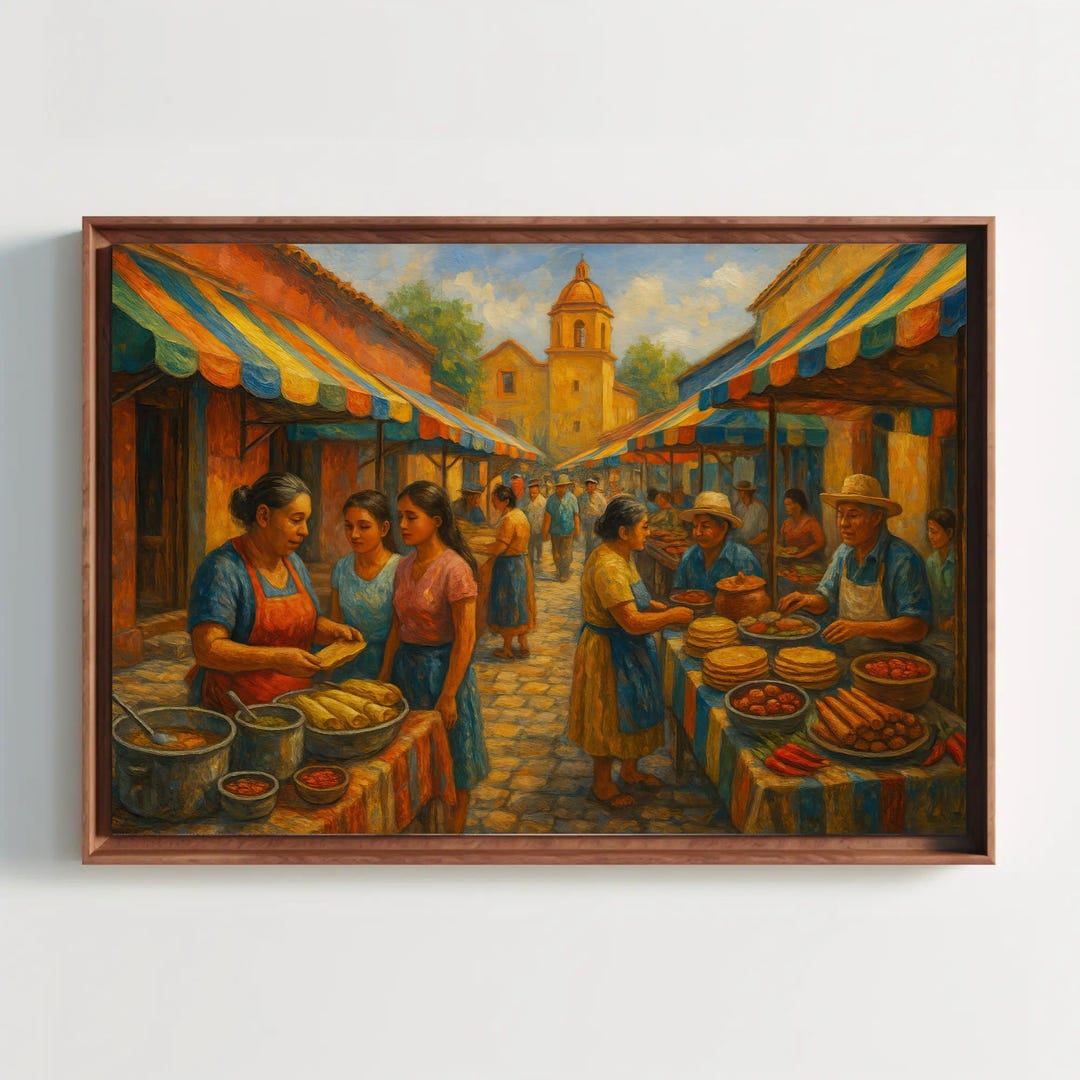 Colorful Mexican Street Food Market Art With Traditional Vendors and ...