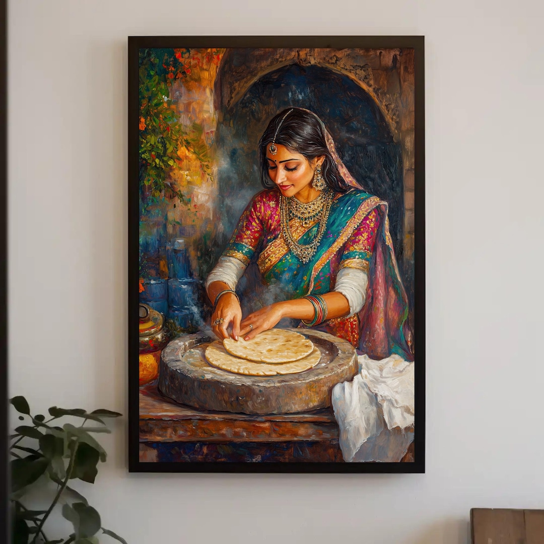 Indian Kitchen Wall Art Canvas, Traditional Indian Woman Making Roti ...
