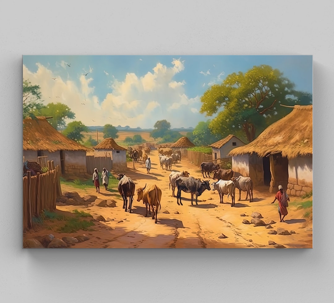 Indian Rural Scene Artwork, Rural Indian Art, Village Scene Print ...