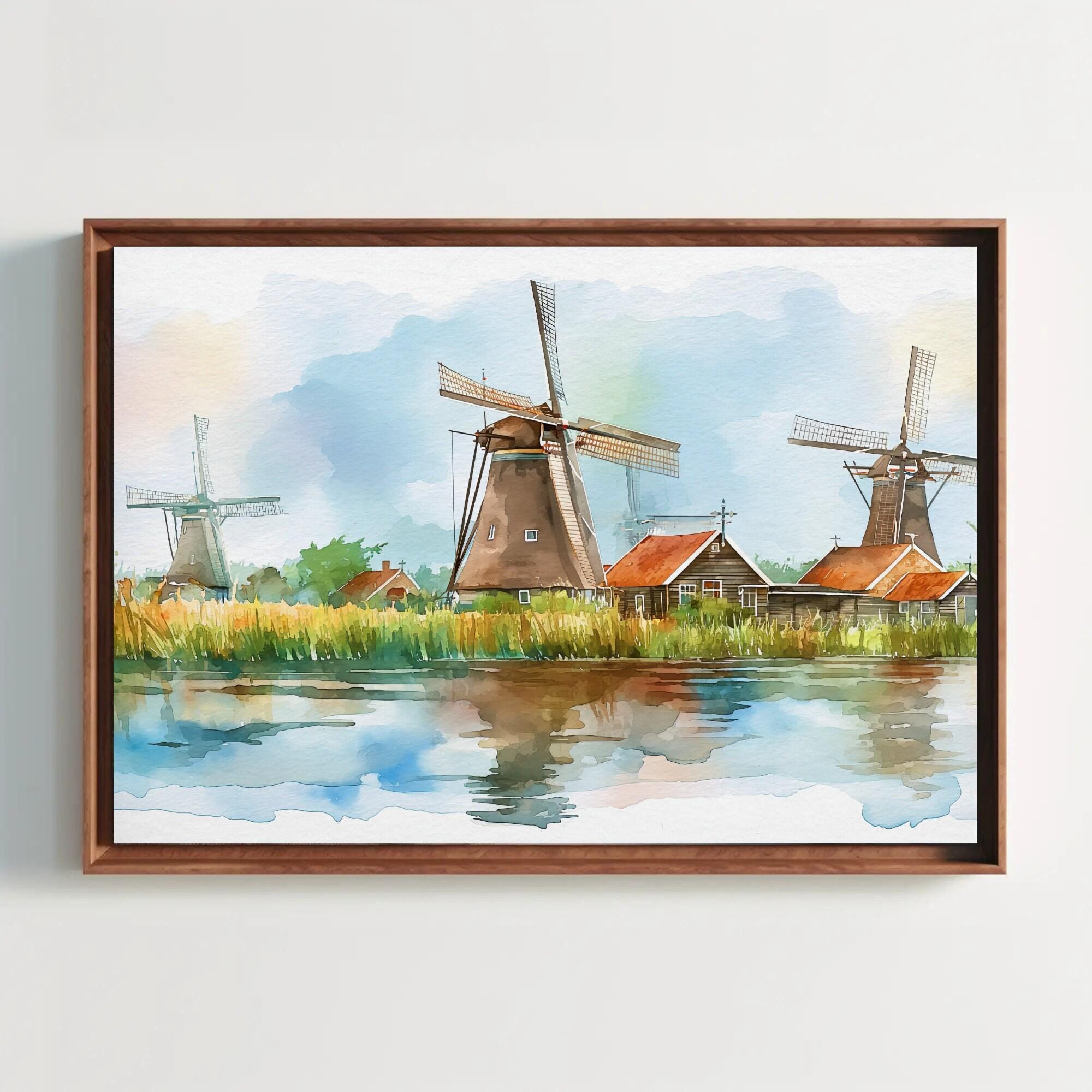 Dutch Windmills Canvas Print, Netherlands Landscape Framed Wall Art - Etsy