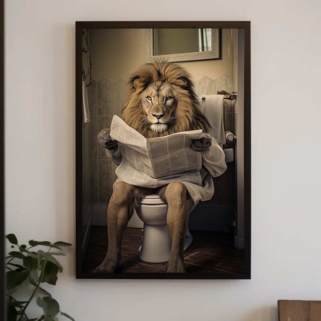 Majestic Lion Reading Newspaper on the Toilet Animal Lovers Gift Canvas ...