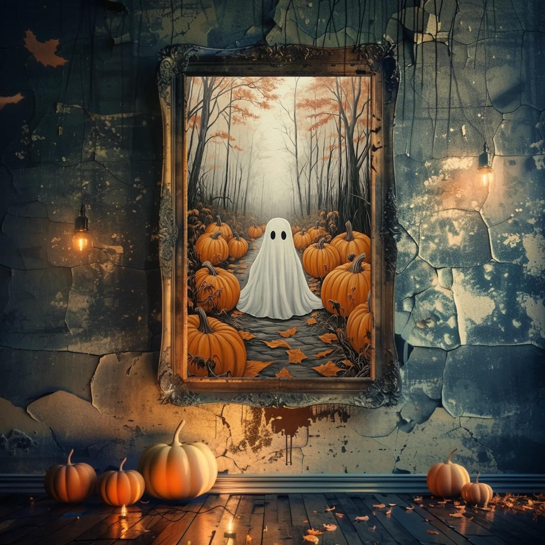 Ghost and Pumpkins in Haunted Forest Canvas Print - Halloween Themed ...