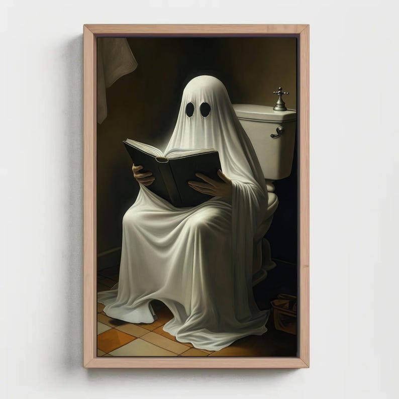 Ghost Reading Newspaper Canvas, Funny Halloween Bathroom Art, Ready to ...