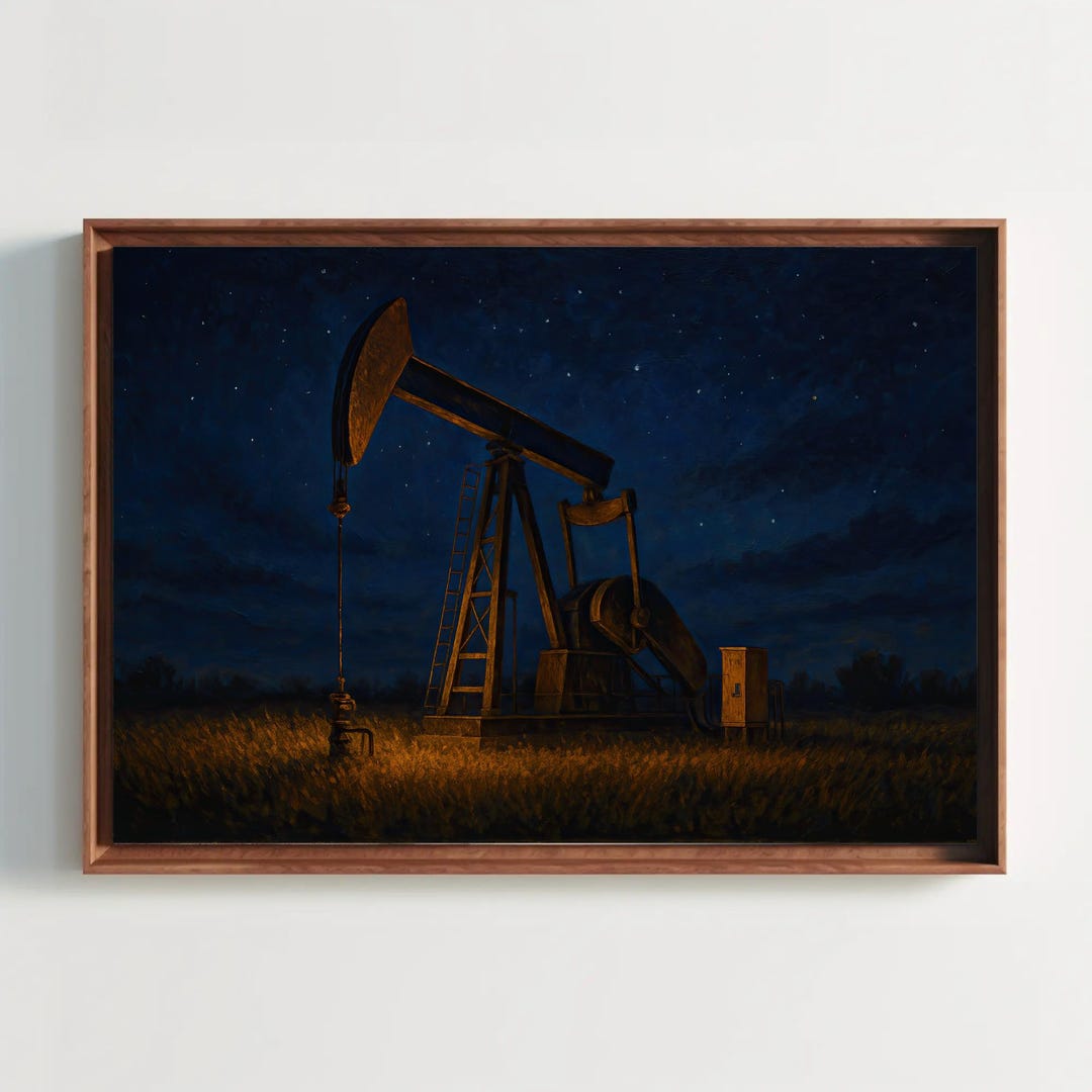Oil Pump Jack Night Scene Canvas Print – Rustic Texas Oilfield Painting ...