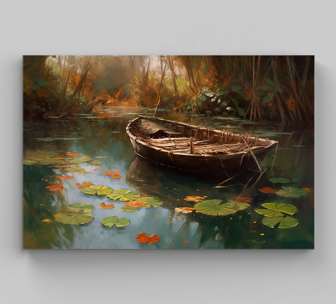 Beautiful Boat in a Lake Wall Art, Lake Wall Art, Boat Oil Painting ...