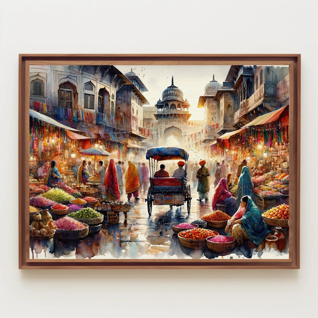 Indian Bazaar Painting, Framed Canvas Print, Spices Herbs Market, Indian Wall Art, Indian ...