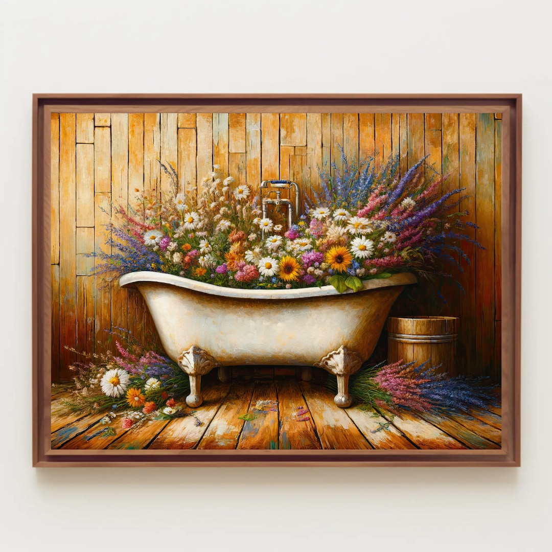 Farmhouse Bathroom Flowers Bathtub Rustic Canvas Print, Floral Wall Art ...