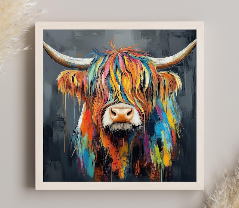 Colorful Highland Cow Canvas Print, Modern Farmhouse Wall Art, Framed ...