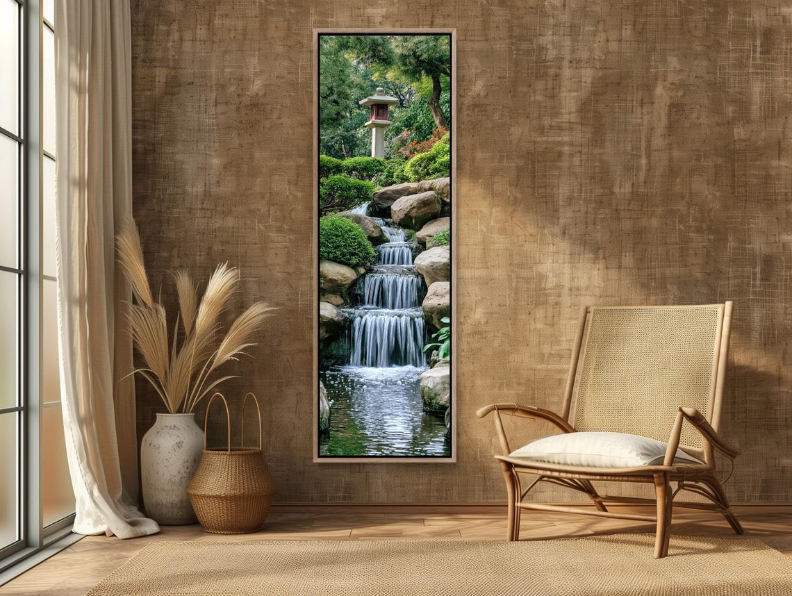 Green Waterfall Canvas Print, Long Vertical Panoramic Framed Wall Art ...
