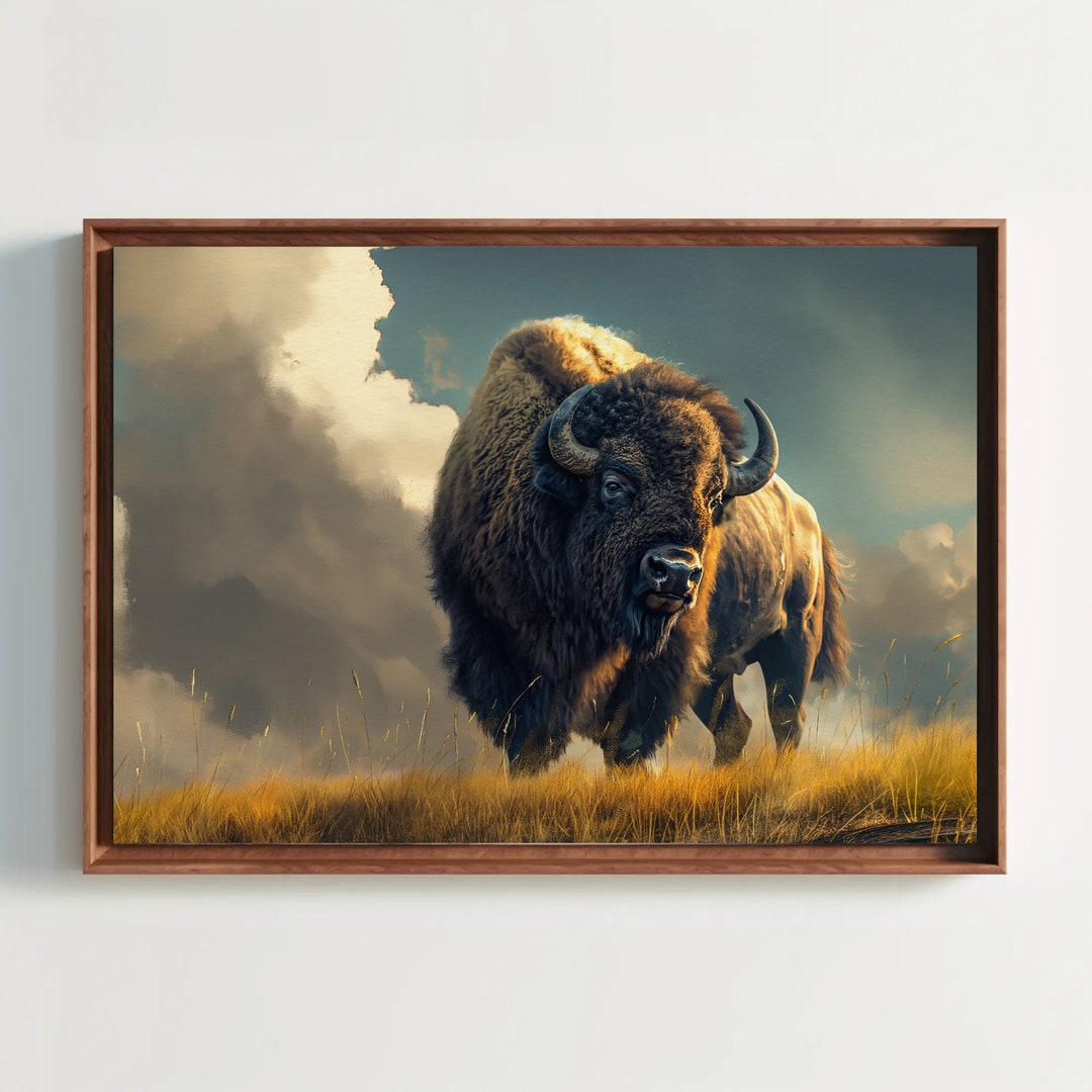 Majestic Bison Canvas Painting, Framed Print, Poster Art, Sepia Buffalo ...