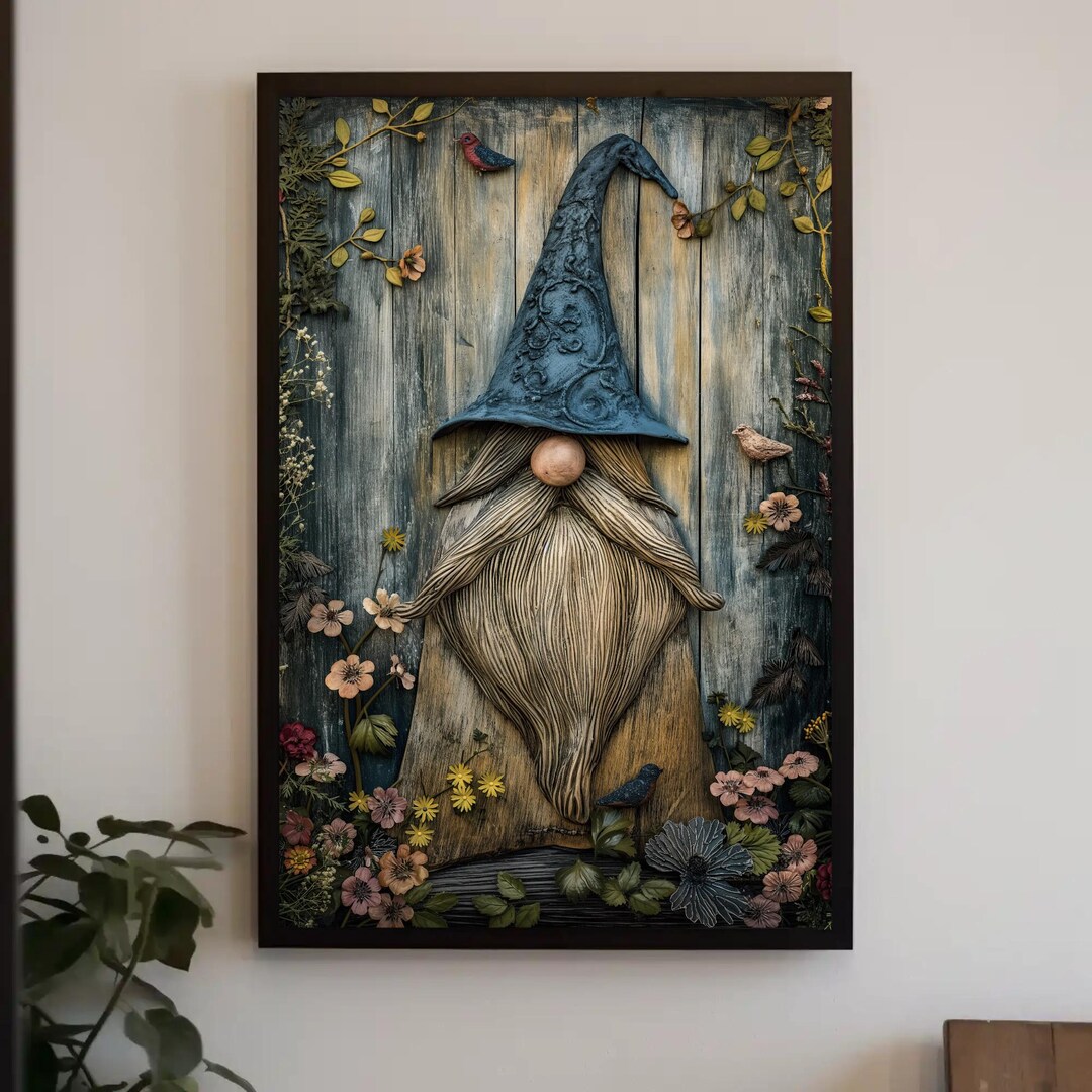 Gnome With Wooden Fence and Flowers Canvas | Whimsical Garden Wall Art ...