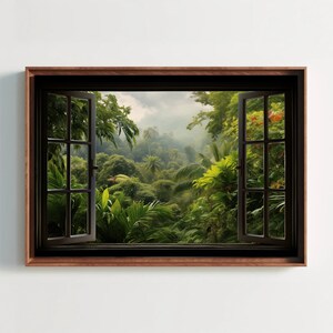 Tropical Jungle Faux Window Wall Art, Large Canvs Print, Green Trees ...