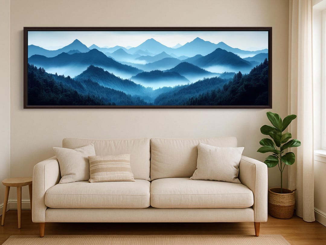 Blue Mountain Mist Wall Art, Panoramic Modern Landscape Canvas Print ...