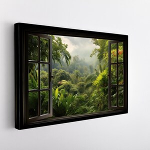 Tropical Jungle Faux Window Wall Art, Large Canvs Print, Green Trees ...