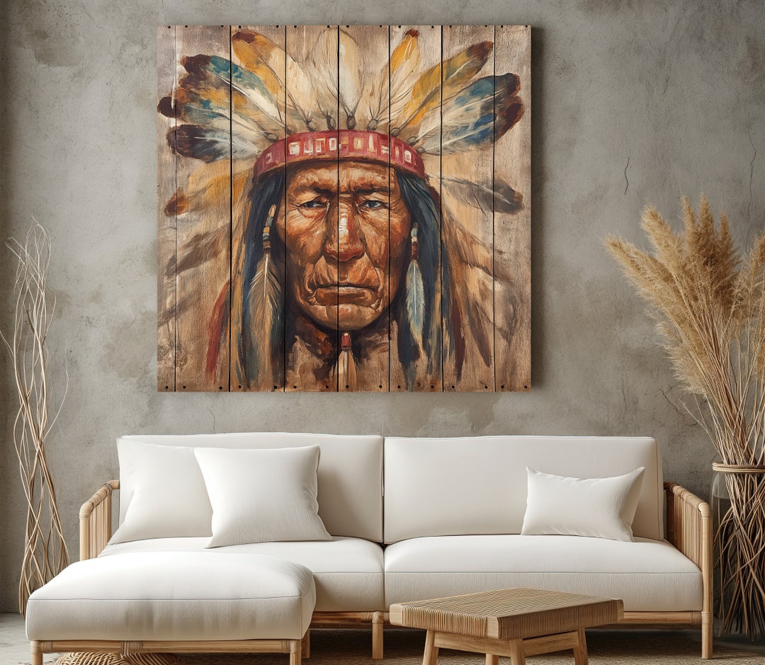 Native American Chief Wood Background Canvas Print, Rustic Wall Art ...