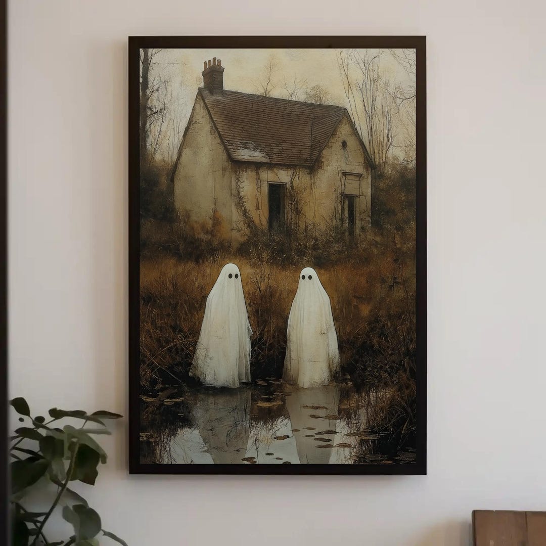 Ghosts of Haunted Cottage Vintage Oil Painting Canvas Print, Halloween Decor, Spooky Framed Art ...