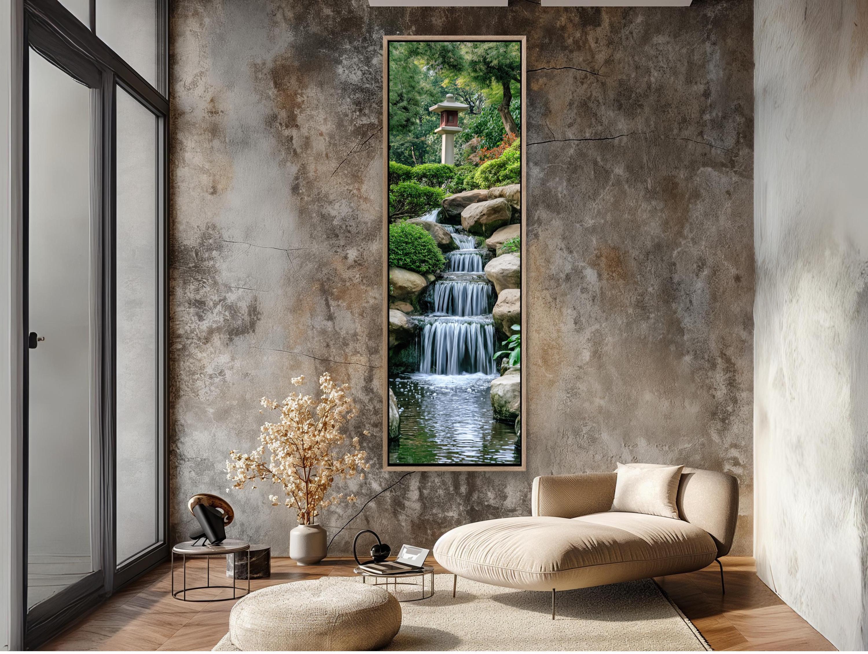 Green Waterfall Canvas Print, Long Vertical Panoramic Framed Wall Art ...