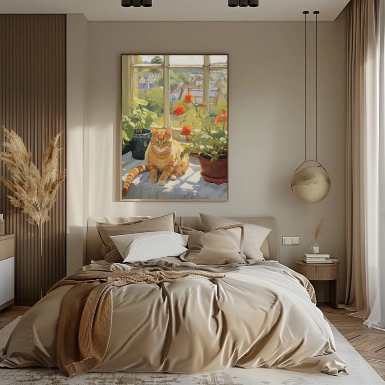Orange Cat Canvas Print Cat in Garden Green Plants Window Wall Art Cat ...