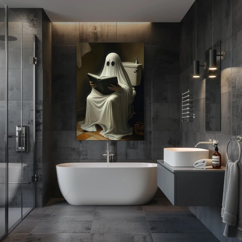 Ghost Reading Newspaper Canvas, Funny Halloween Bathroom Art, Ready to ...
