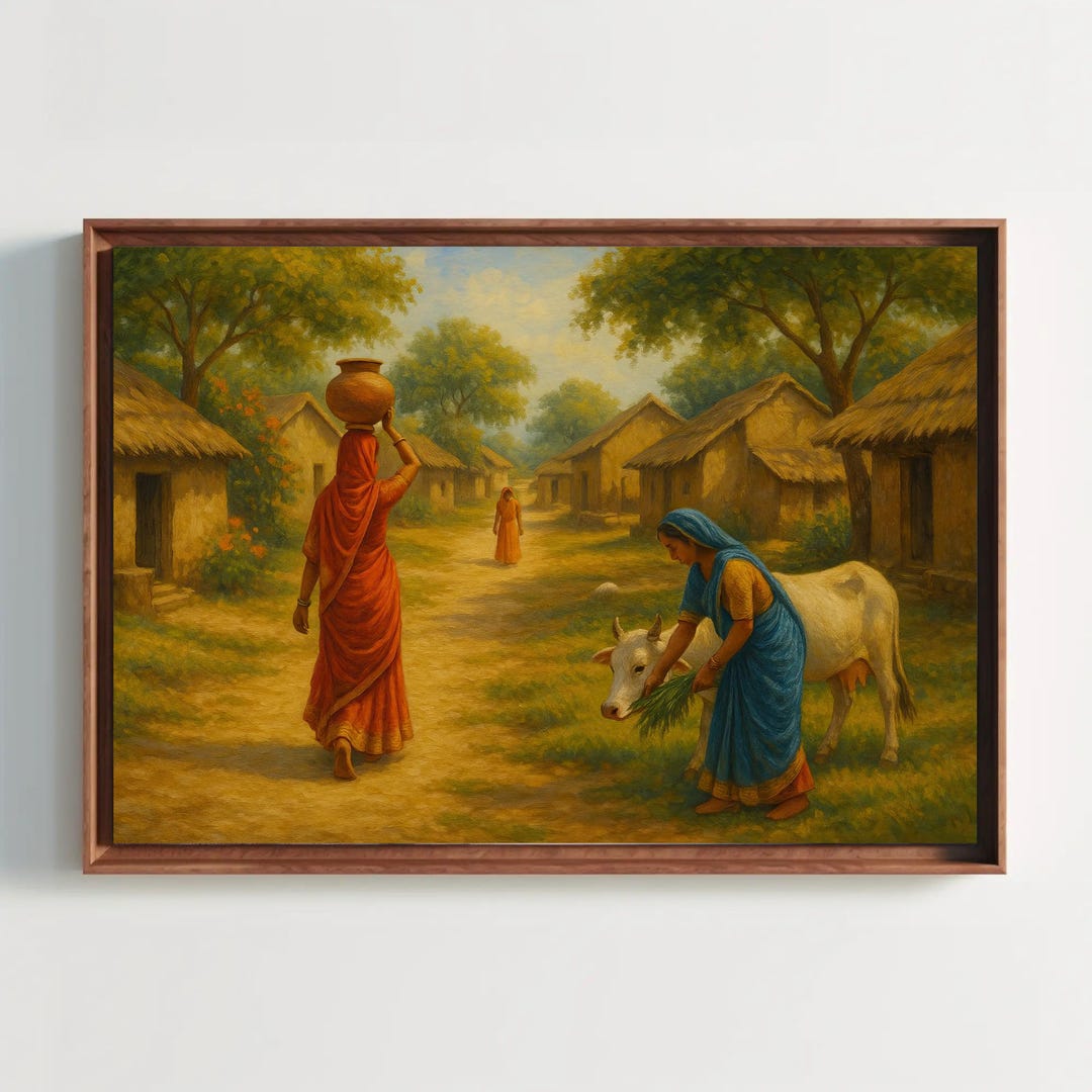Peaceful Indian Village Life Art Featuring Women in Sarees, Thatched ...