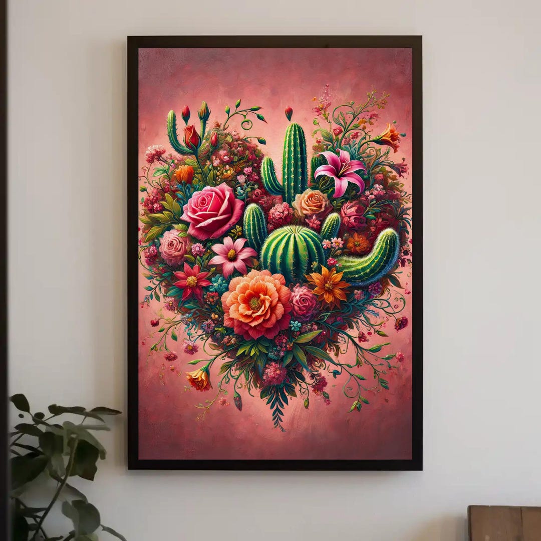 Mexican Corazon Blooming Heart Canvas Art, Vibrant Floral Heart Wall ...