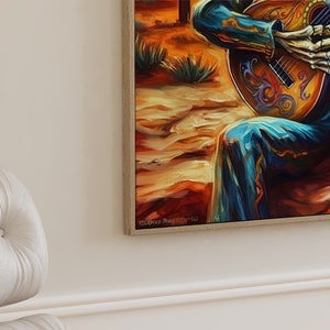 Mexican Skeleton Cow Boy Guitarist Art Print Mariachi Guitarist Chicano ...
