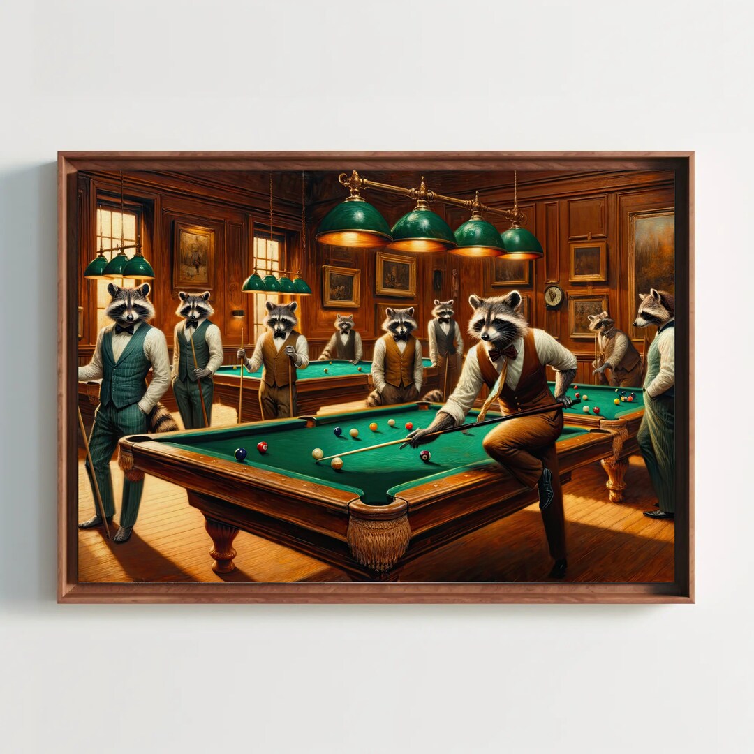 Raccoons Playing Pool in the Billiard Hall, Whimsical Oil Painting ...
