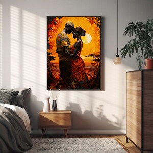 Retro Sunset Black Couple Wall Art Poster, African Landscape Bakcground, Black Couple Art, Black ...