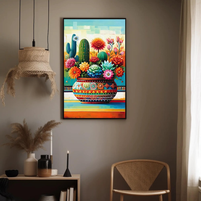 Cacti Fiesta Framed Canvas, Mexican Floral Oil Painting - Etsy