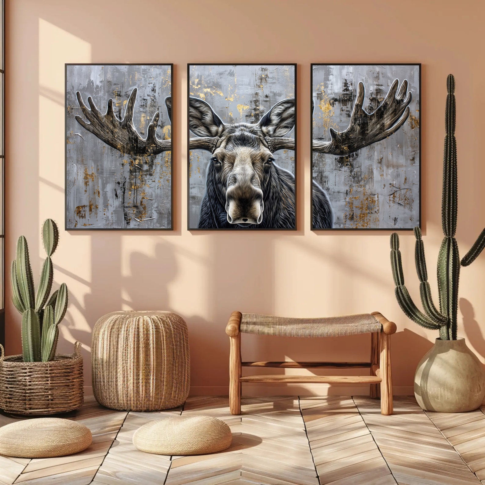 Rustic Moose Portrait Set of Three Split Canvas - Moose With Antlers ...