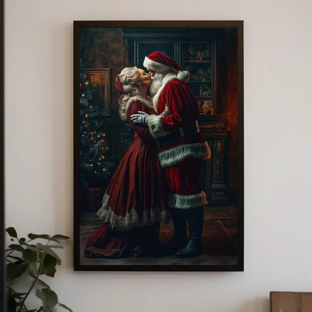 Santa and Mrs. Claus Kissing Canvas Print, Romantic Christmas Wall Art ...