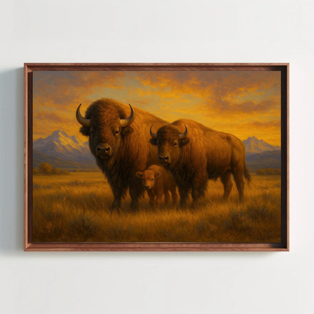 American Bison Family Painting Sunset Prairie Wildlife Rustic Wall Art ...