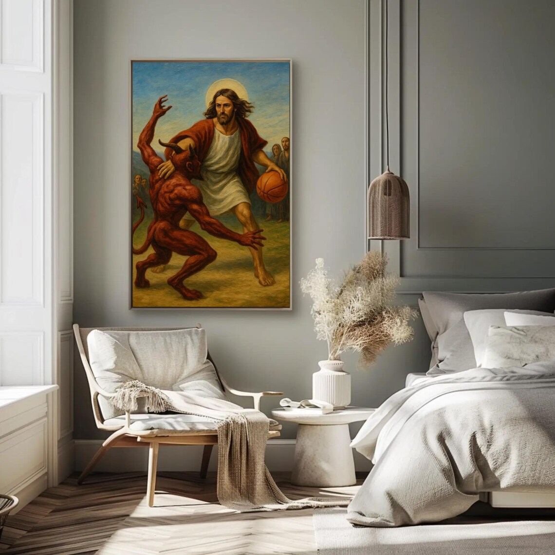 Funny Jesus Vs Devil Basketball Canvas Print - Ironic Christian Wall ...