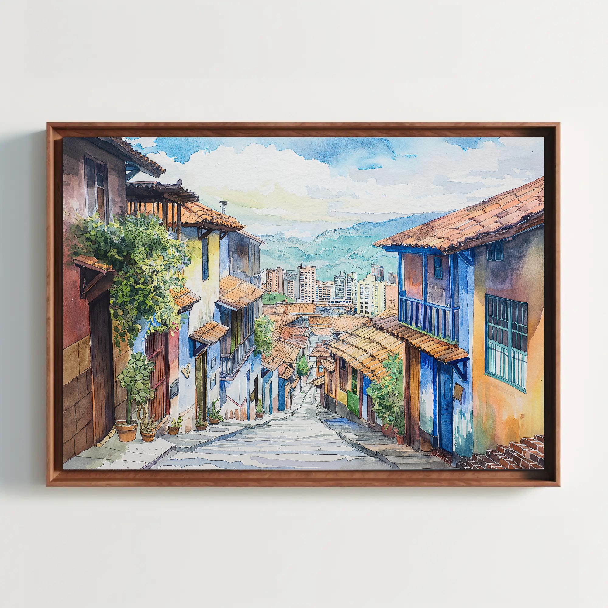 Medellín Street Watercolor Painting, Framed Colombian Art Canvas Print ...