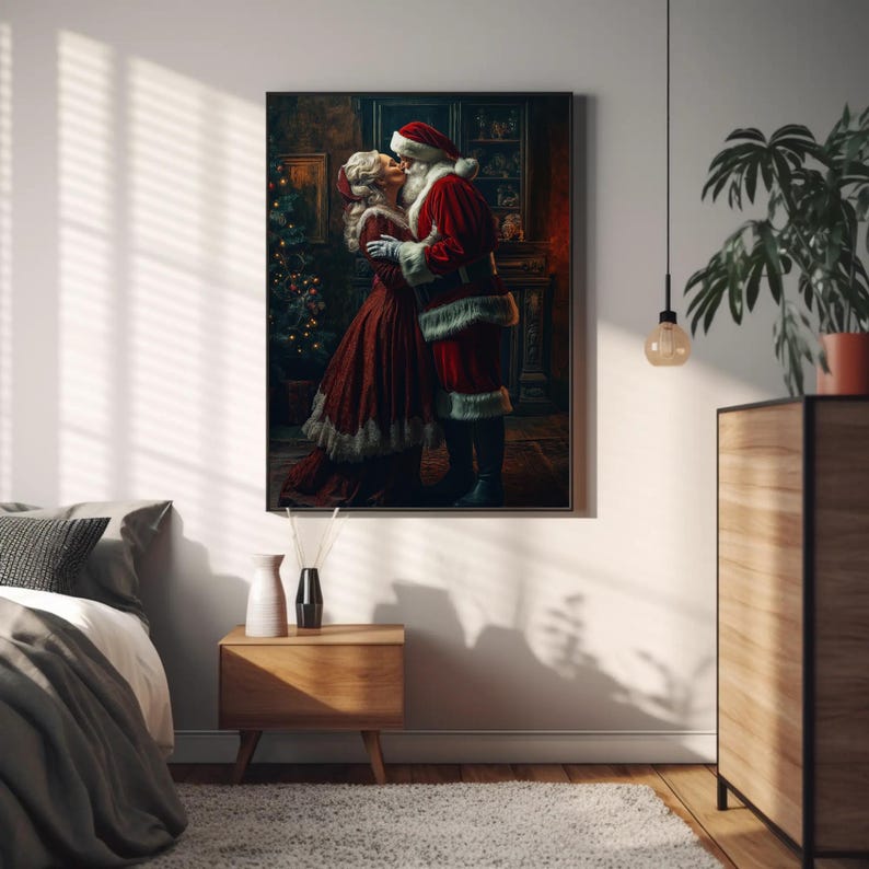 Santa and Mrs. Claus Kissing Canvas Print, Romantic Holiday Wall Art - Etsy
