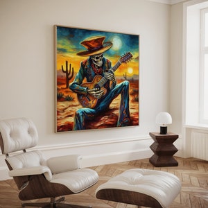 Mexican Skeleton Cow Boy Guitarist Art Print Mariachi Guitarist Chicano ...