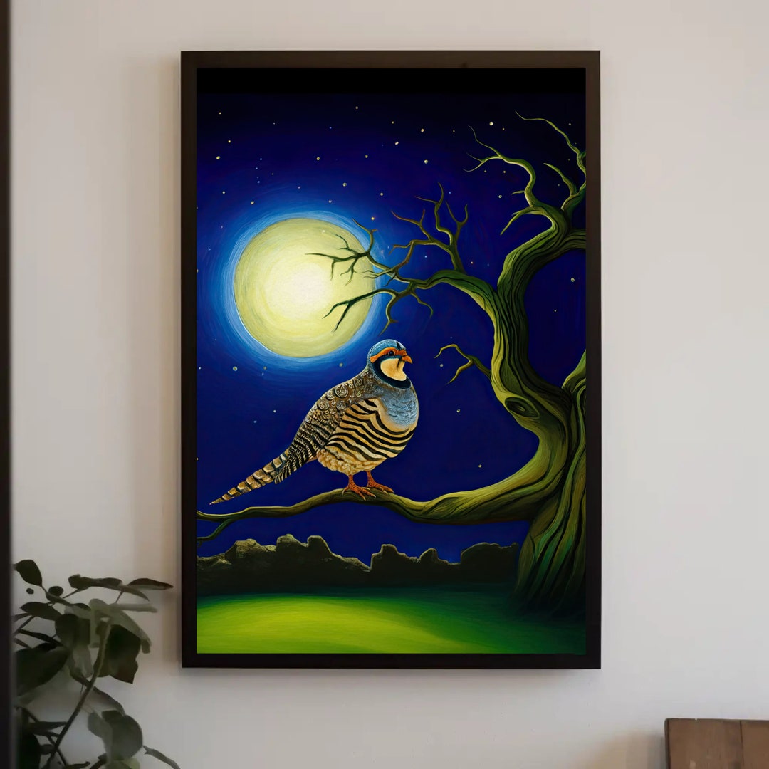 Chukar Bird Under the Full Moon, Mystical Night Sky Oil Painting Framed ...