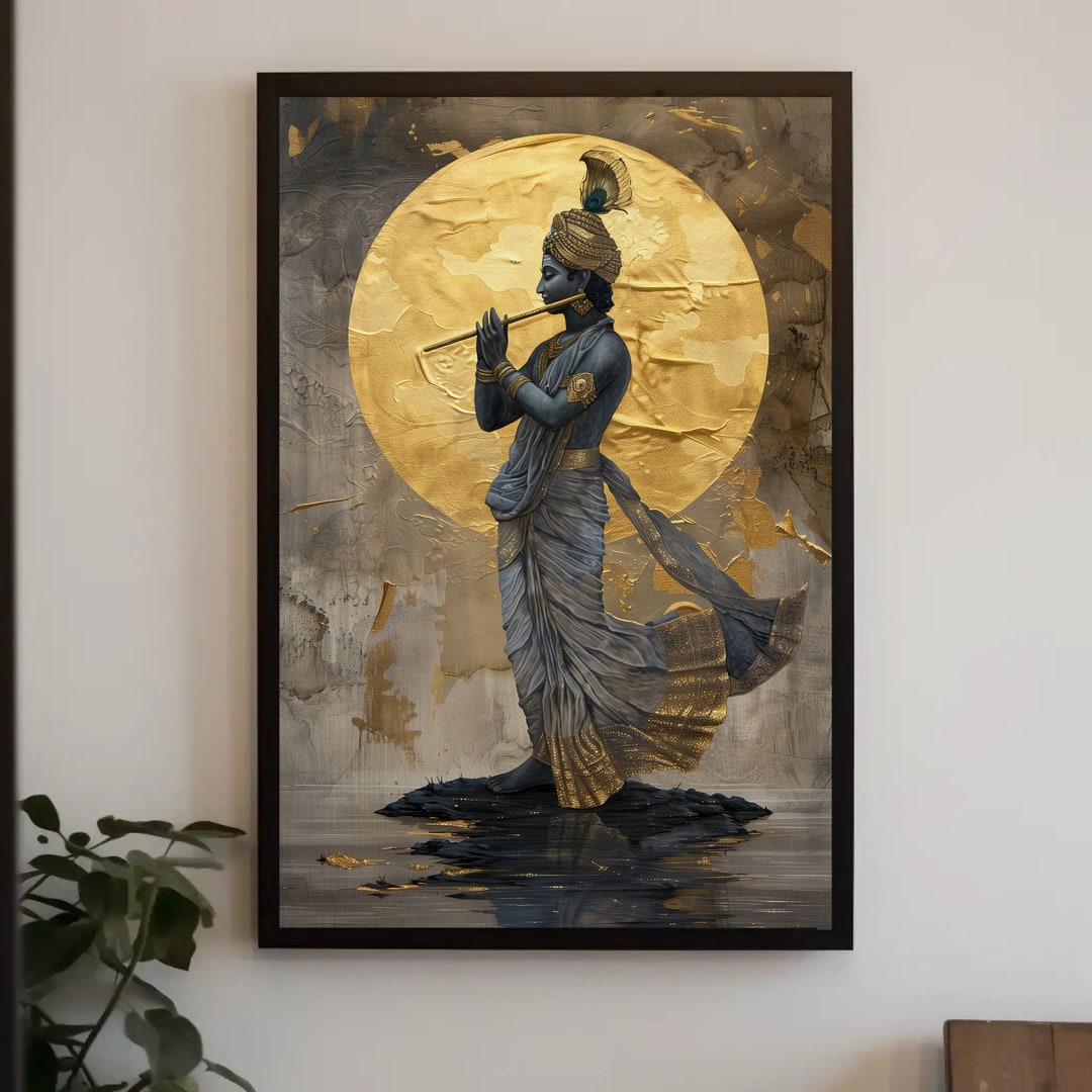 Lord Krishna Playing Flute Under Golden Moon Canvas Painting - Hindu ...