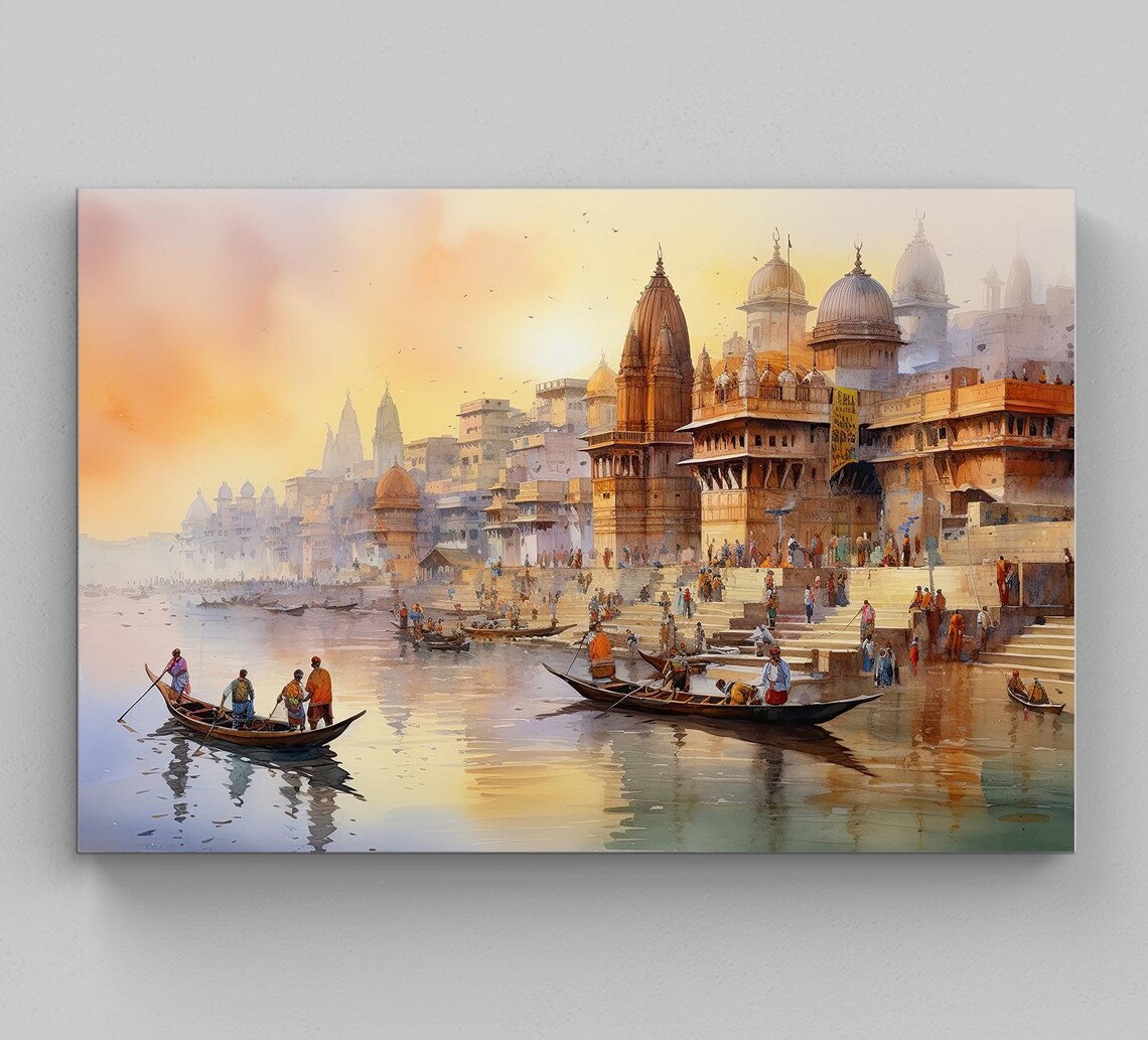 India Watercolor Canvas Print, Ganges River Landscape Wall Art - Etsy