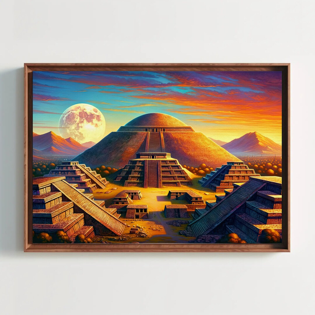 Teotihuacan Inspired Pyramids Canvas Painting, Framed Print, Mexican ...