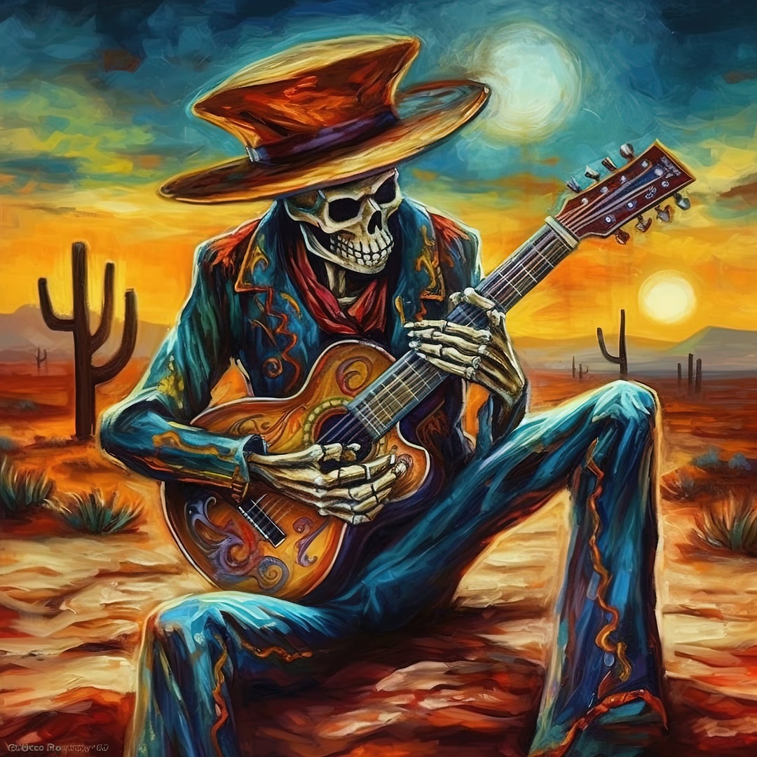 Mexican Skeleton Cow Boy Guitarist Art Print Mariachi Guitarist Chicano ...