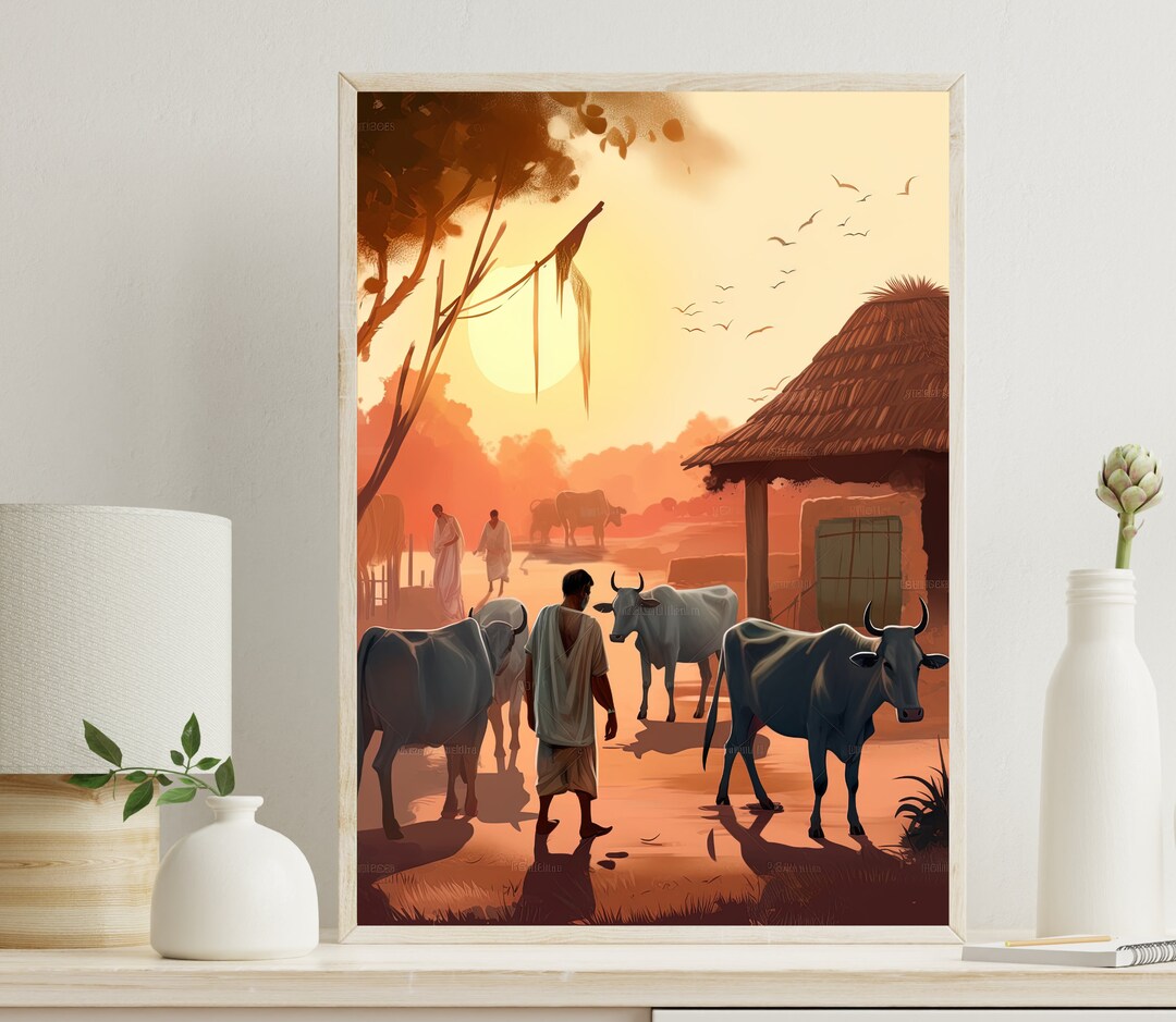 Indian Village Scene Modern Artwork | Rural Indian Art | Village Scene ...
