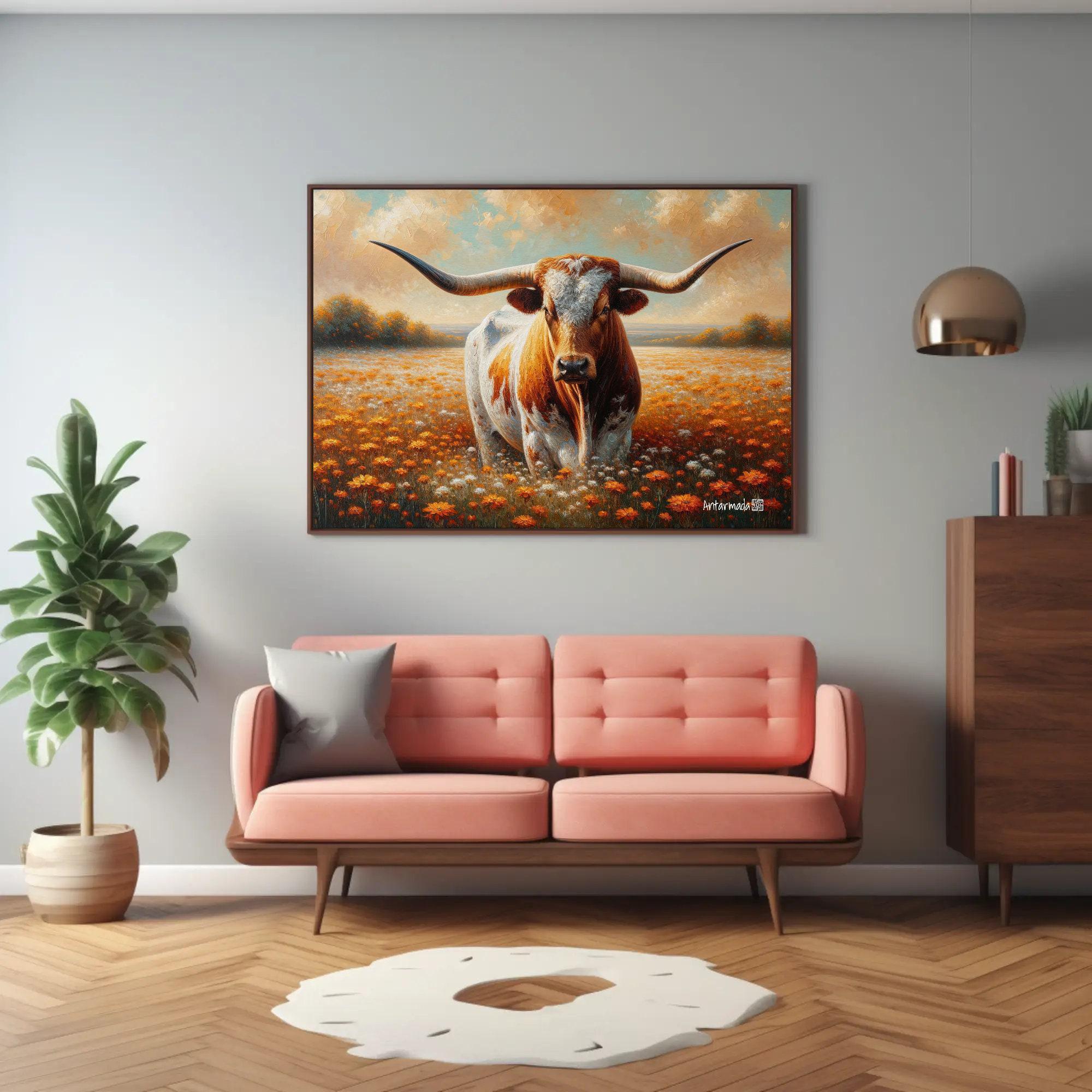 Golden Longhorn in Wildflower Meadows Oil Painting Print, Texas Long ...