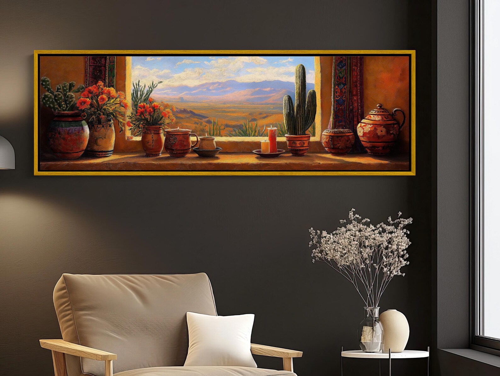 Mexican Window Canvas Print, Southwestern Cacti and Vases, Framed Wall ...