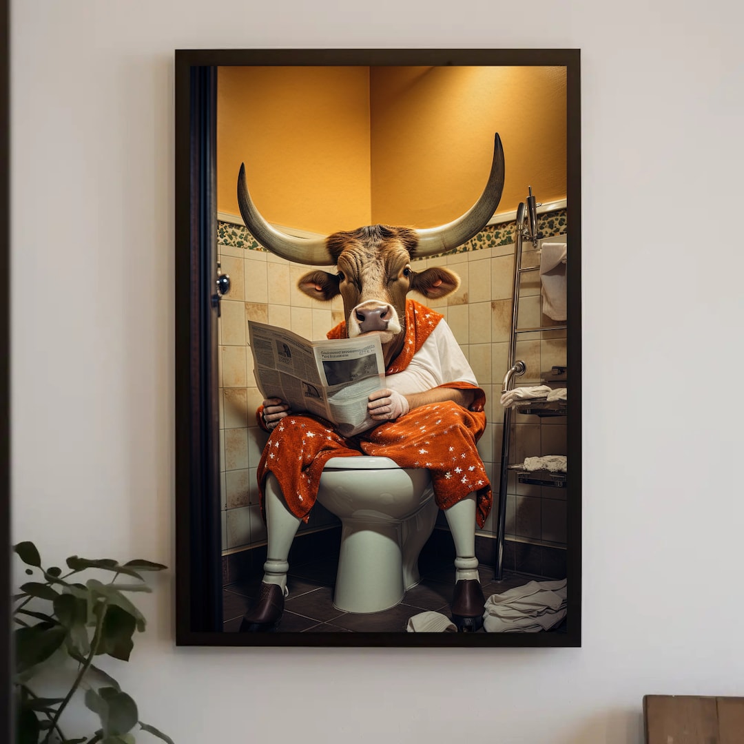 Longhorn Cow on the Toilet Reading Newspaper Funny Bathroom Art Framed ...